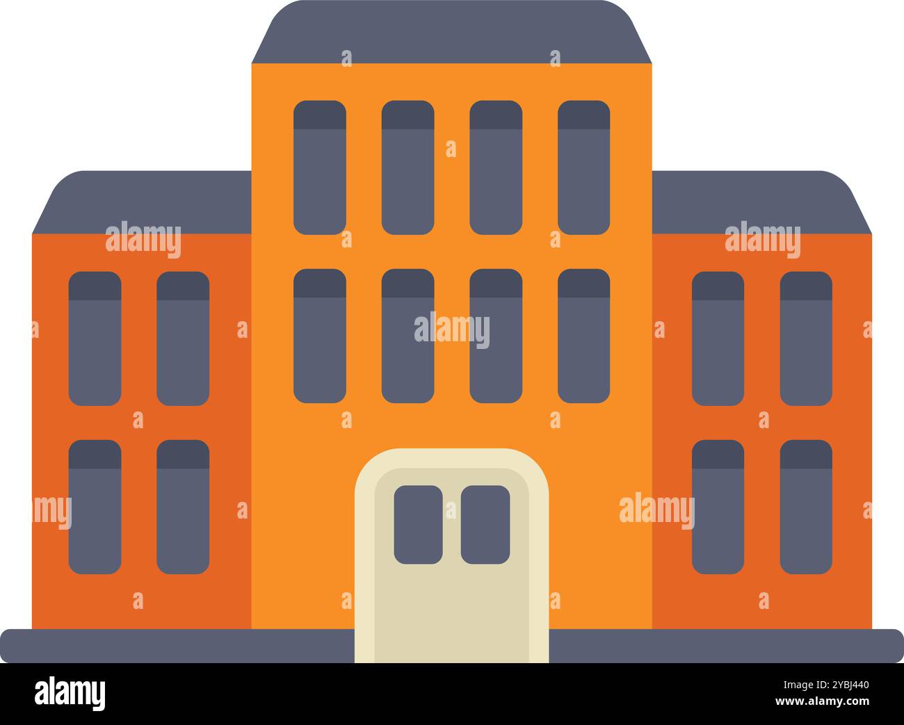 This vector illustration features a large orange building facade with ...