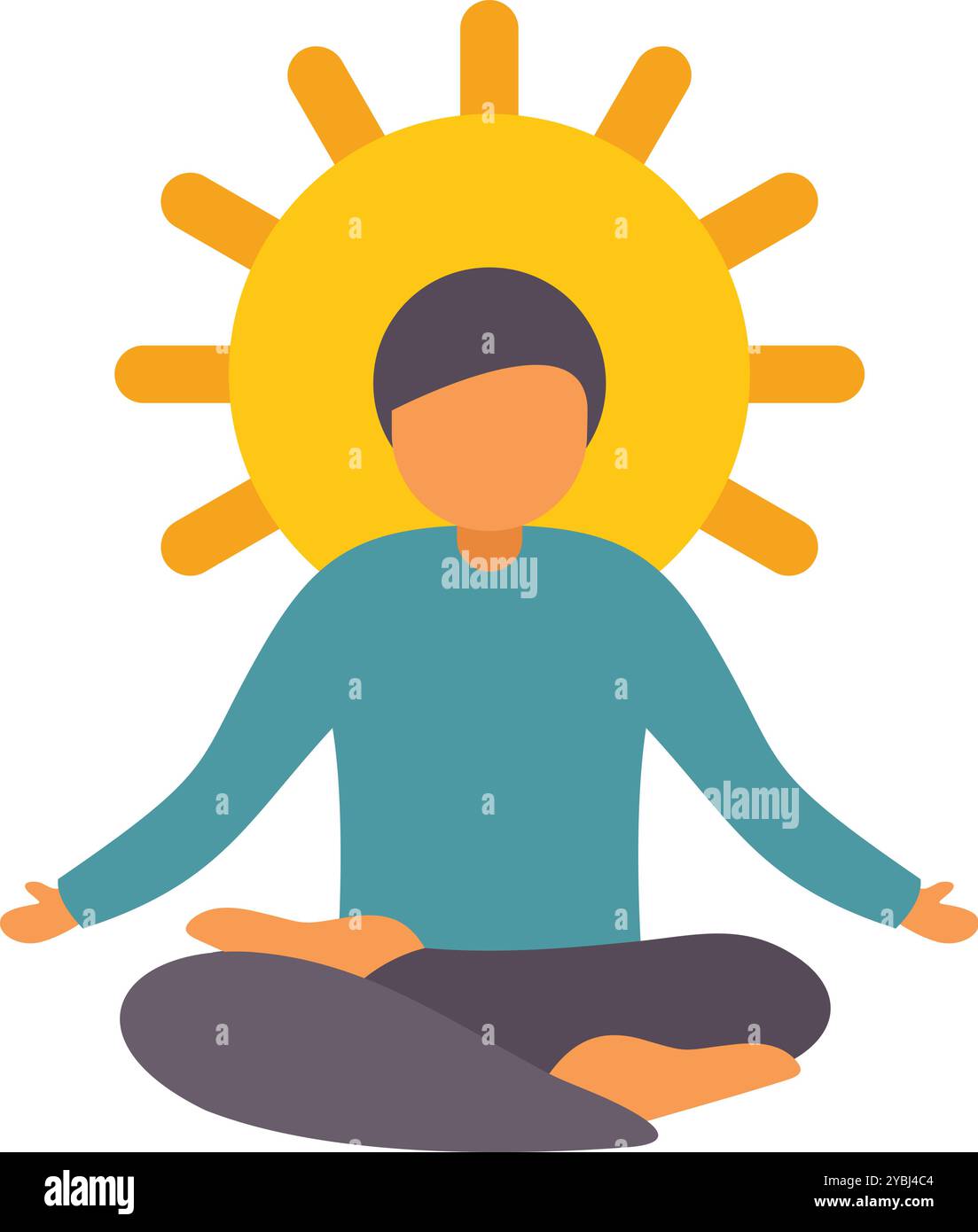 Man is meditating in a lotus pose with a sun shining above his head ...