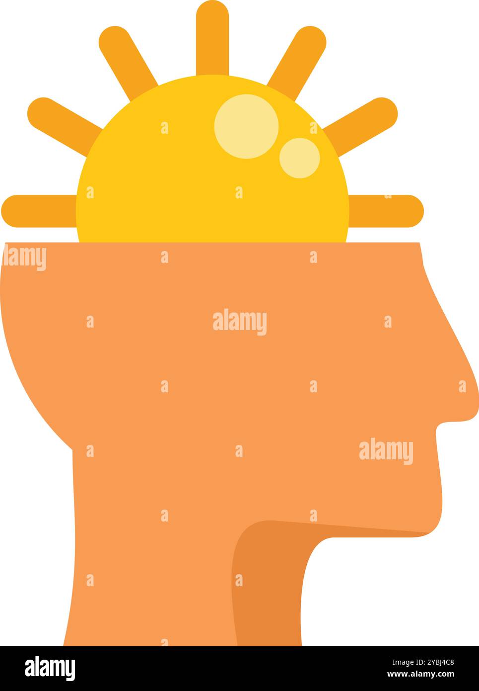 This vector illustration shows a human head profile with a sun shining ...