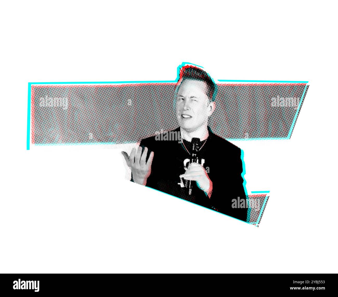 Portrait of Elon Musk with a microphone on a white background.. Used ...