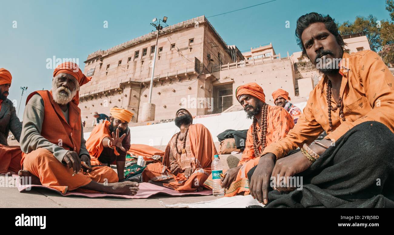 Varanasi, Uttar Pradesh, India. Group of Sadhus - indian holymen ...
