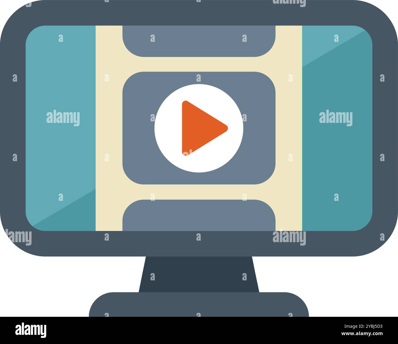 Desktop computer is displaying a video player interface with a play button, representing online ...