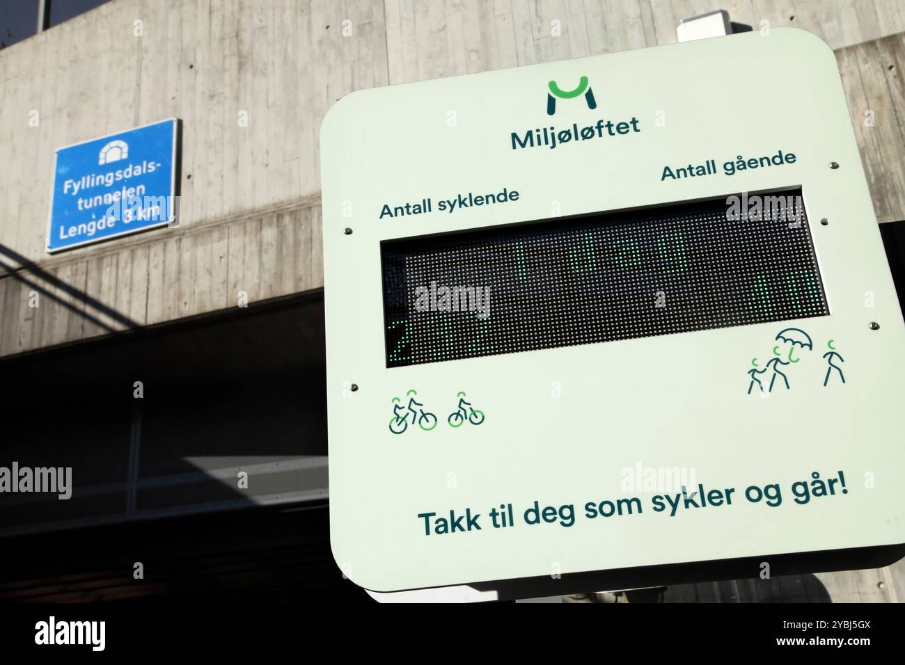 Cycle counter at the entrance to the 3km long Fyllingsdalen bike tunnel ...