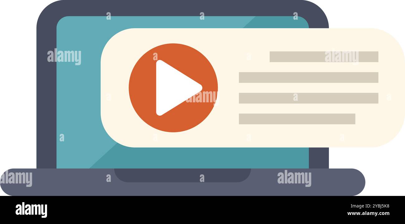 Simple flat illustration of a laptop showing video player with play button and text content ...