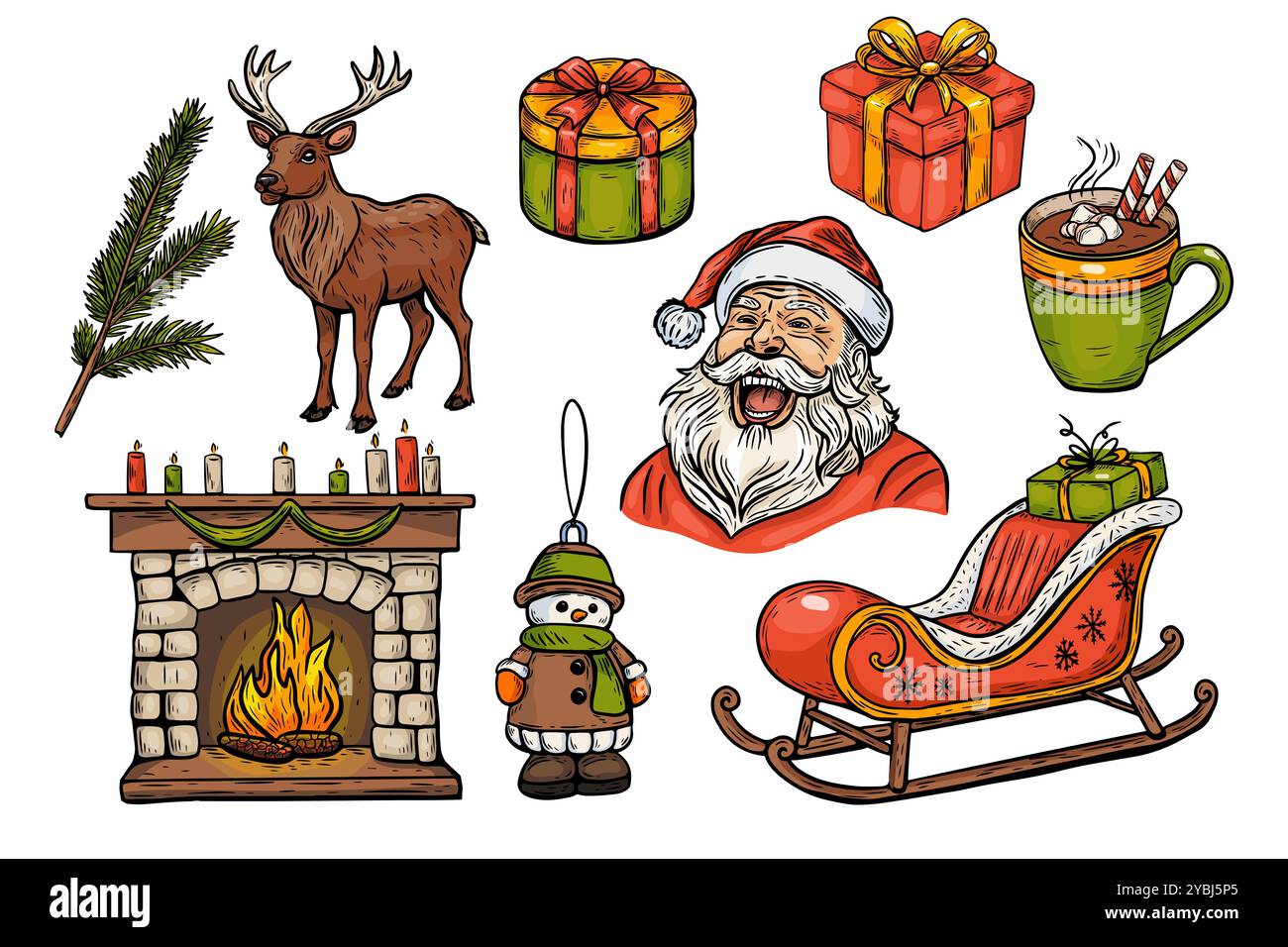 Set of Merry Christmas,vector sketch in vintage style, line drawing in ...