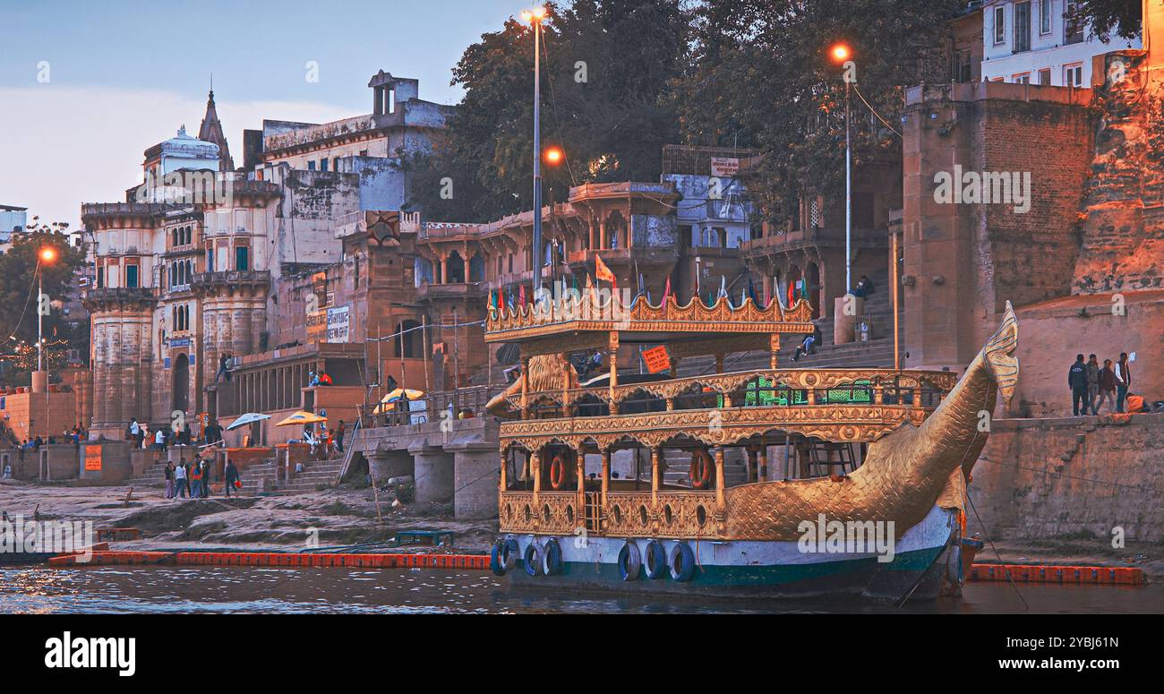Varanasi, India. Many Boats Moored On Ganga River Near Lassi Ghat And ...