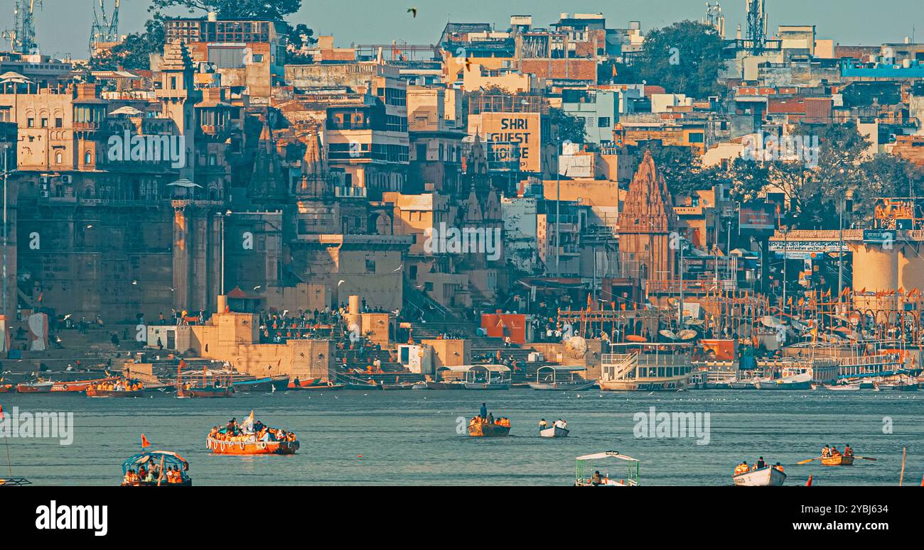 Varanasi, India. View On Boats Floating Near Rana Mahal Ghat, Darbhanga ...