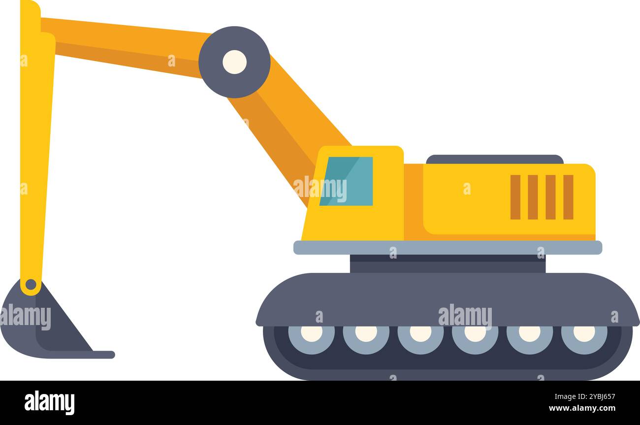 Yellow excavator digging with extended front loader in flat design ...