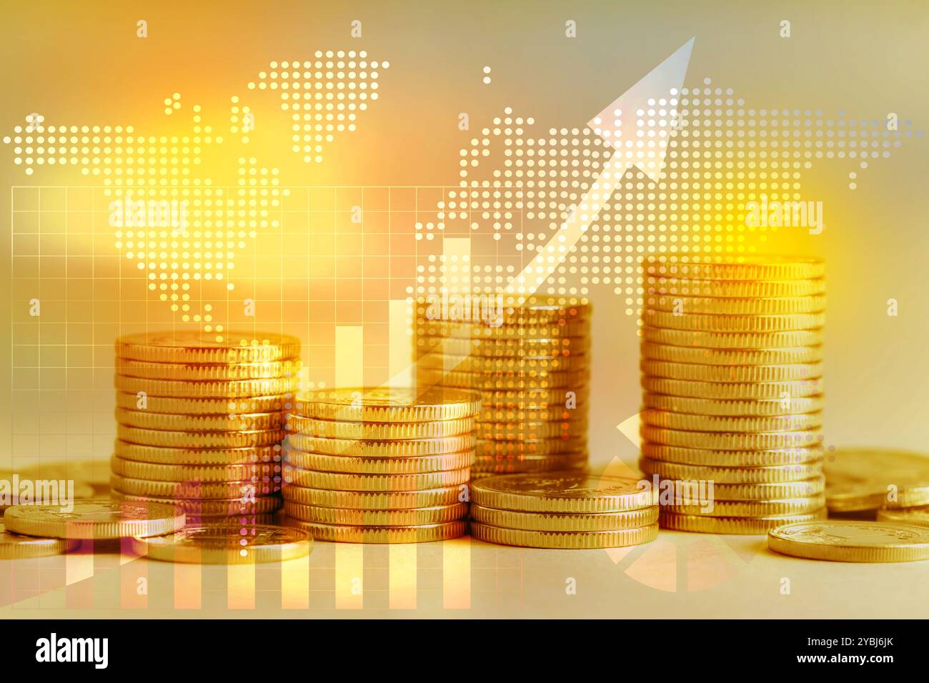 Currency trading. Stacked coins, graphs and world map, toned in yellow ...