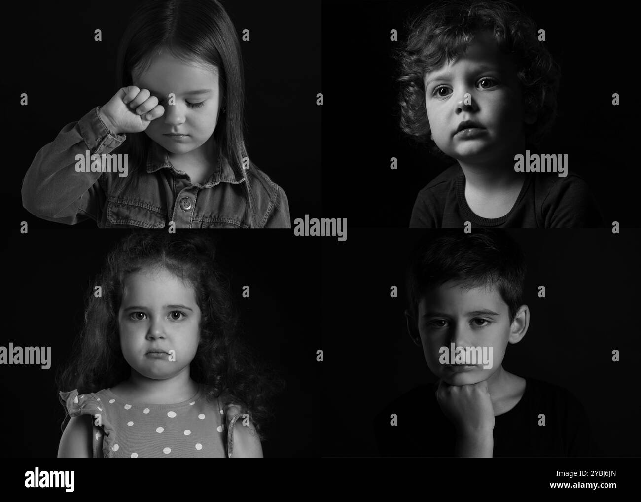 Sad children on black background, collage of portraits Stock Photo - Alamy