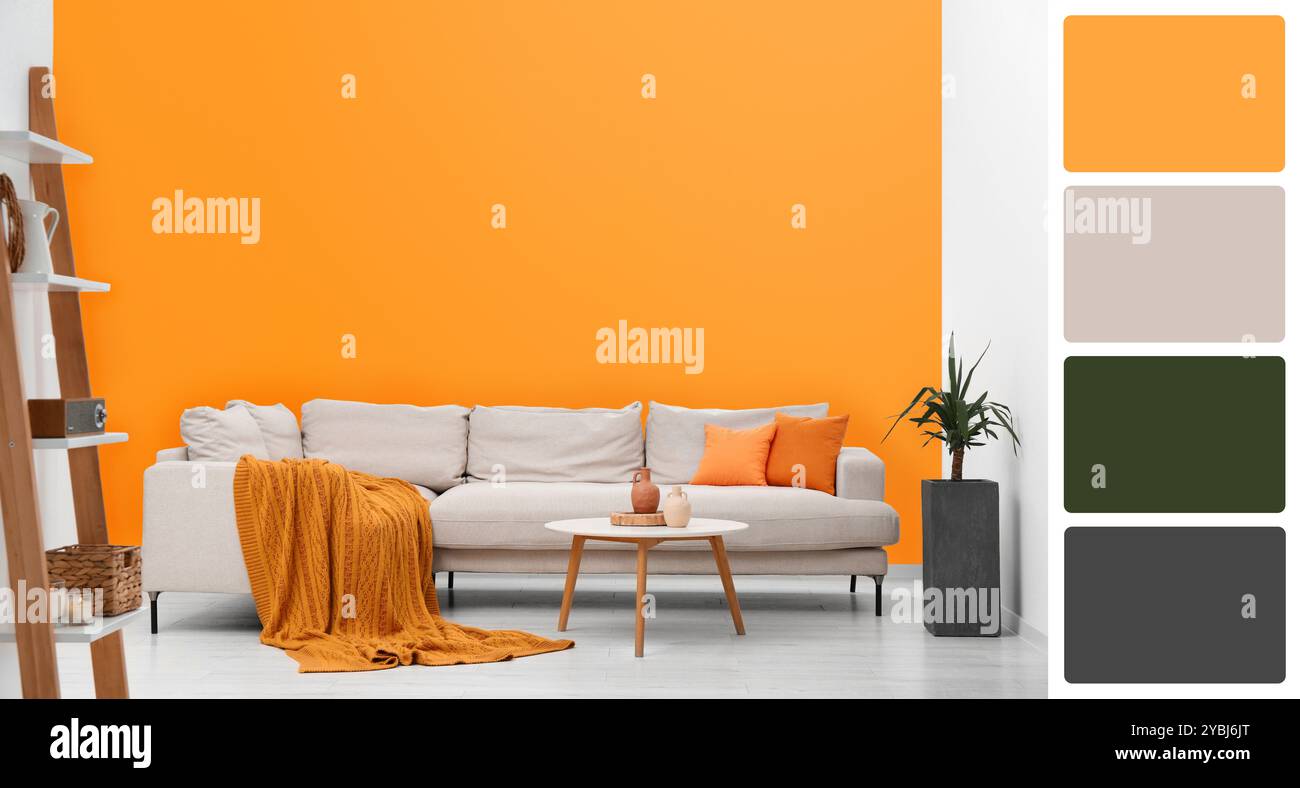 Stylish living room with comfortable sofa near orange wall. Interior ...