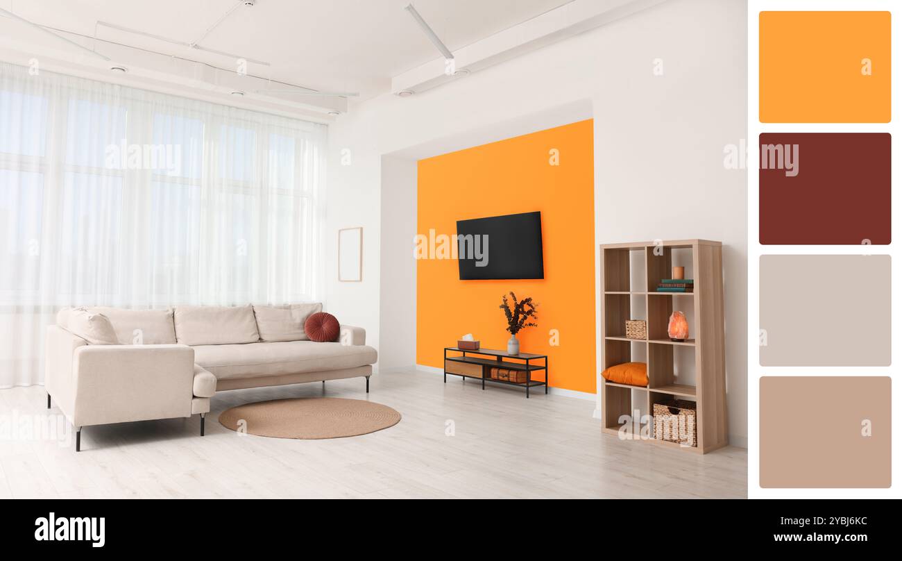 Stylish living room with comfortable sofa near window. Interior design ...