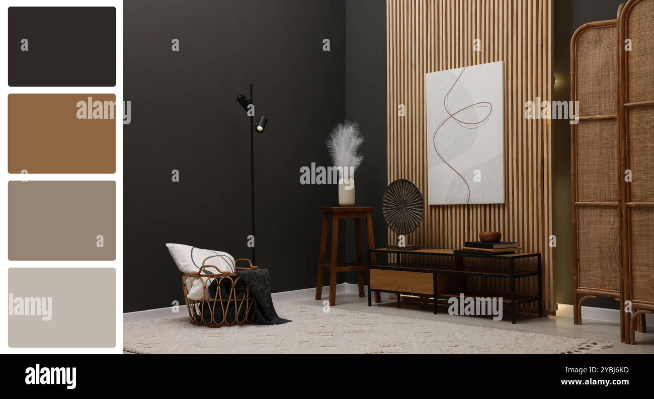 Living room with stylish furniture near black wall. Interior design and ...