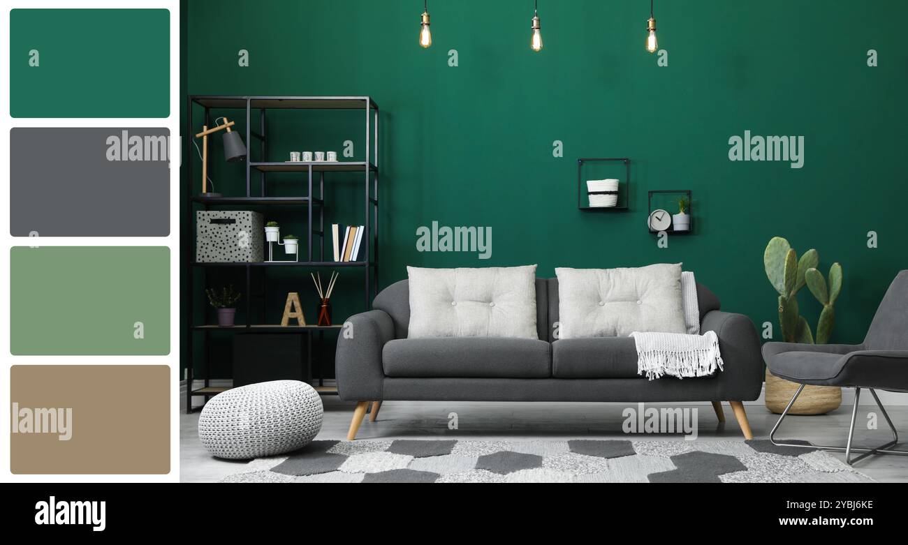 Stylish living room with comfortable sofa near green wall. Interior ...