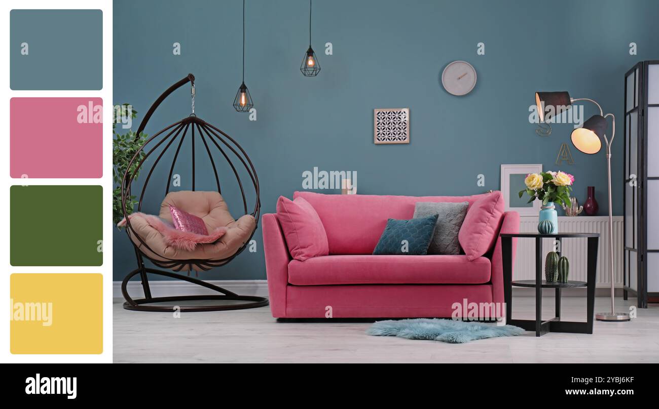 Stylish living room with comfortable sofa near color wall. Interior ...