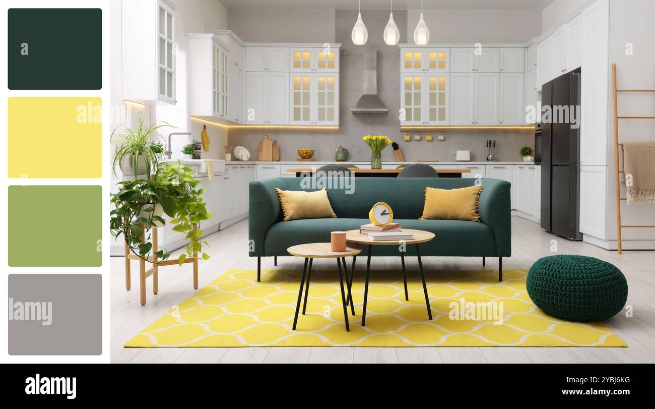 Stylish living room with comfortable sofa near kitchen. Interior design ...