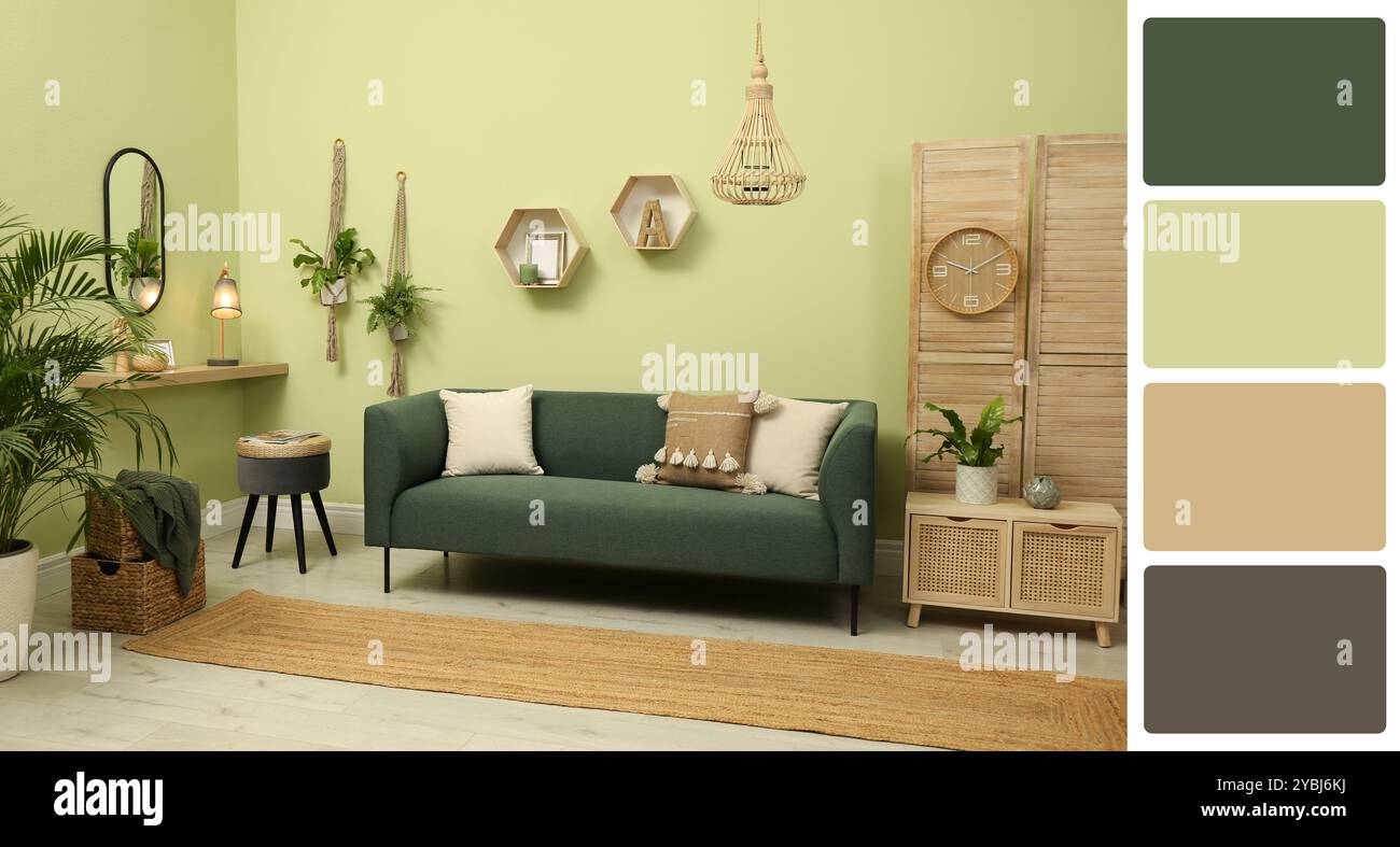Stylish living room with comfortable sofa near light green wall ...