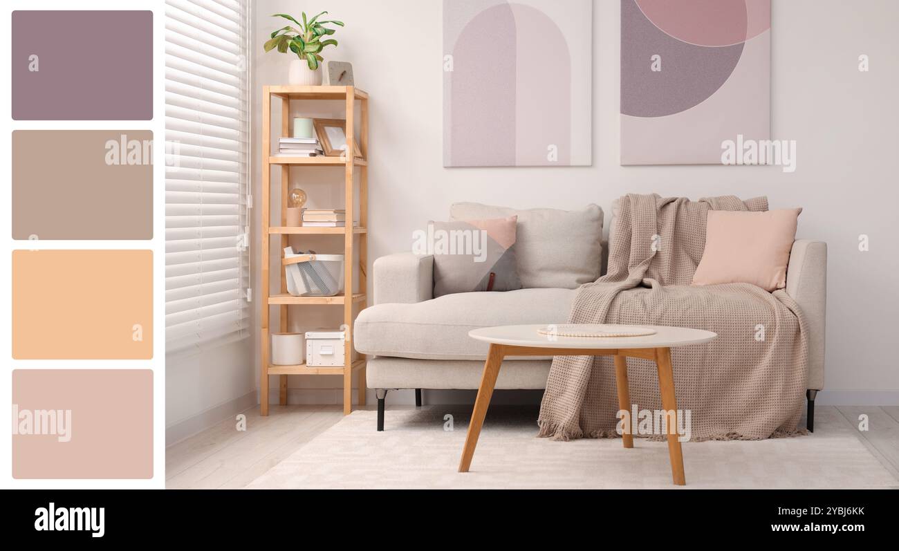 Stylish living room with comfortable sofa near white wall. Interior ...