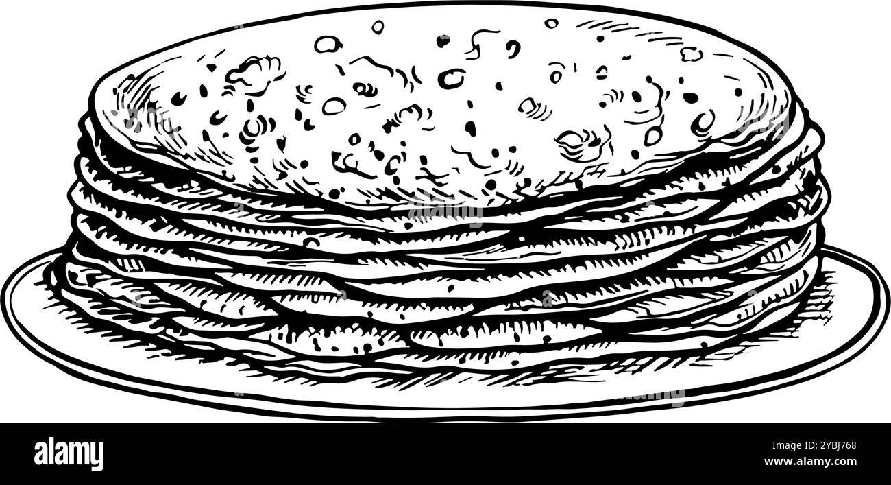Pancakes on a plate. Vector graphic drawing of pancakes. A black and ...