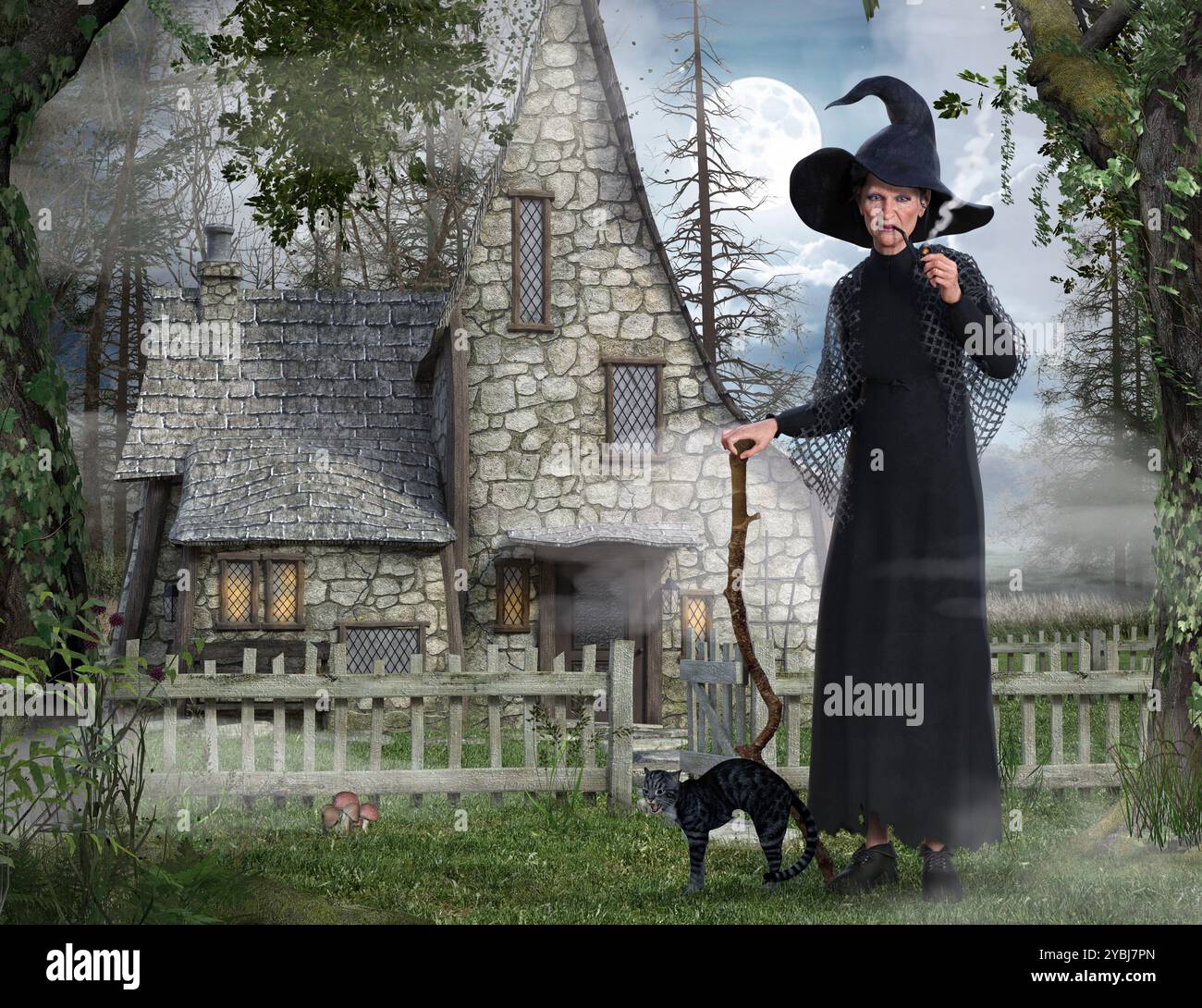 An old witch stands leaning on a stick in front of her witch's house ...