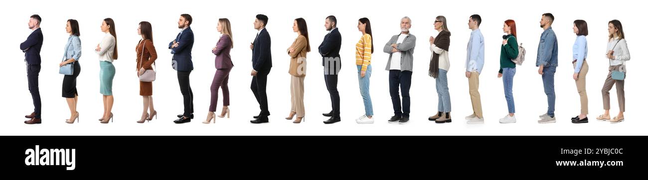 Queue of many people on white background Stock Photo - Alamy