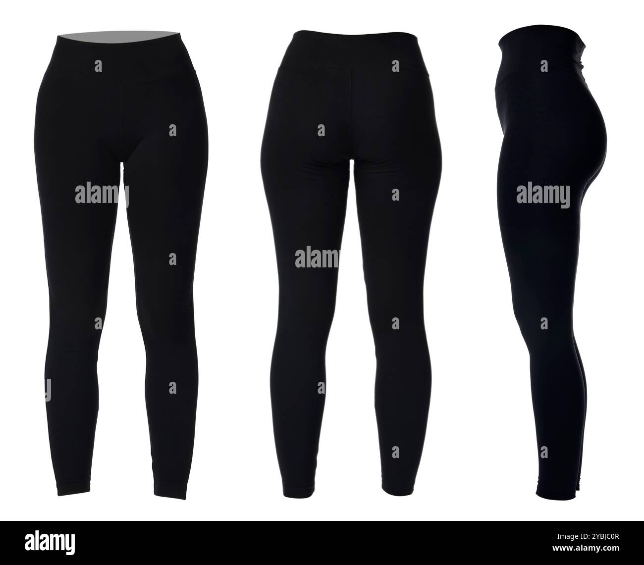 Black yoga leggings on white background, collage. Front, side and back ...
