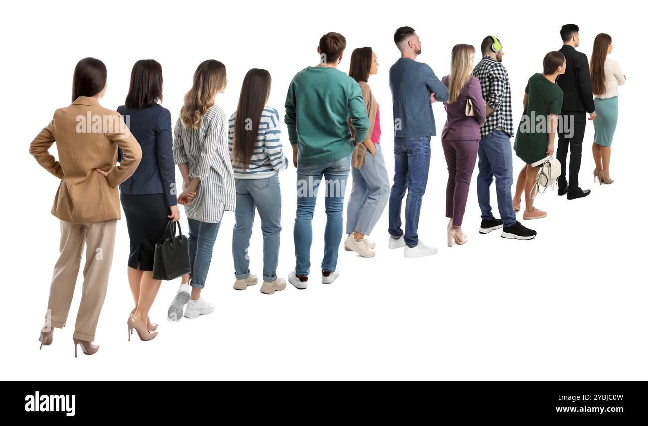 Queue of many people on white background Stock Photo - Alamy