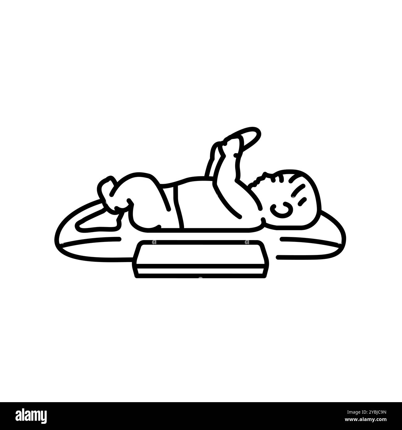 Newborn baby being weighed on the scales line icon. Vector isolated ...