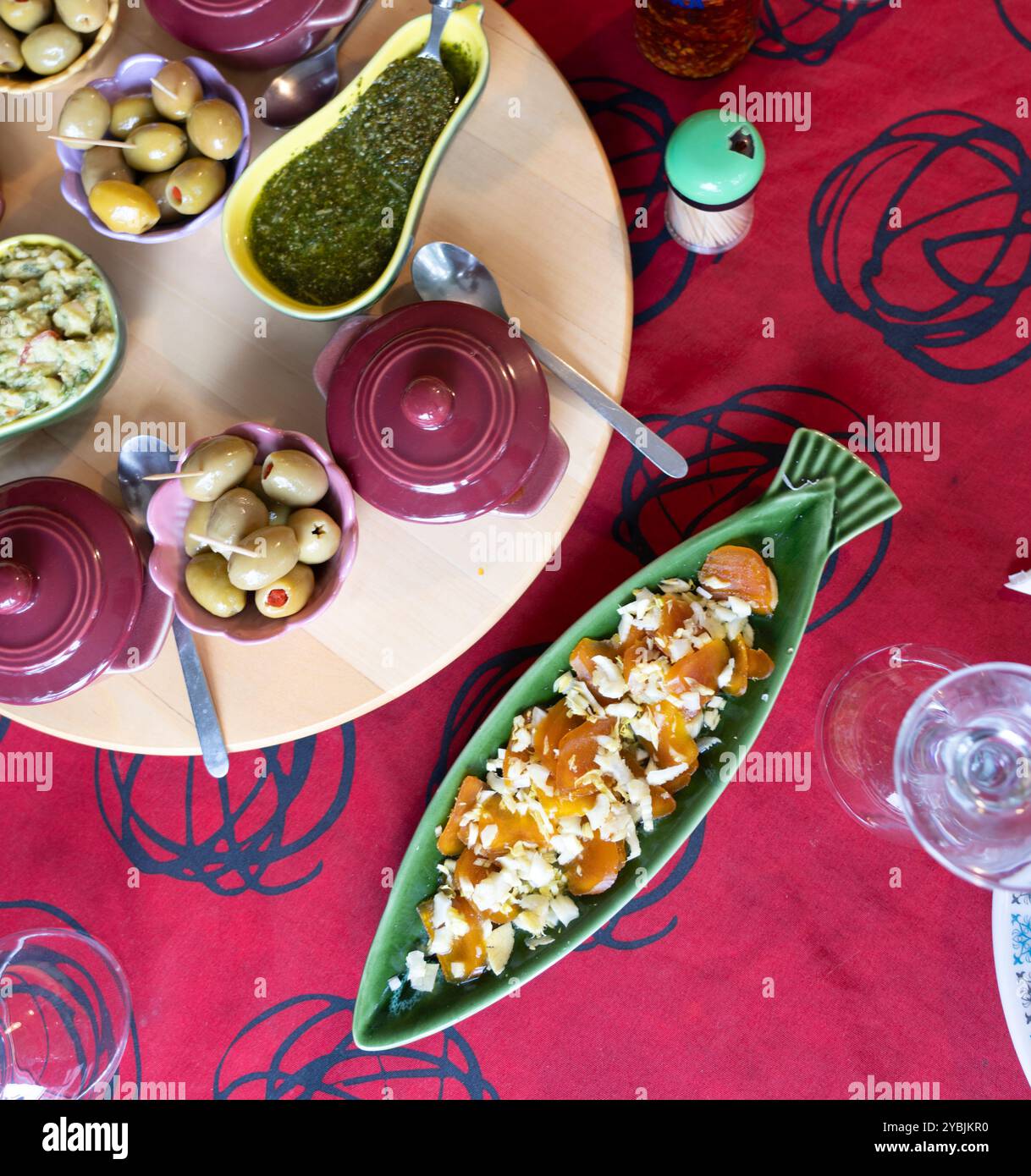 Home Table of Small Plates of Food Stock Photo - Alamy