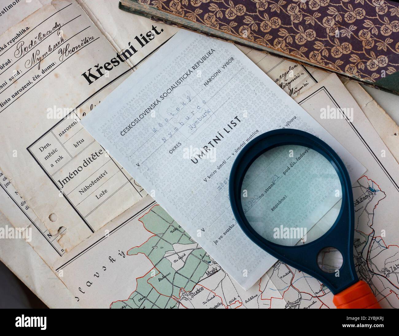 Old personal documents - birth and death certificate - written in Czech ...