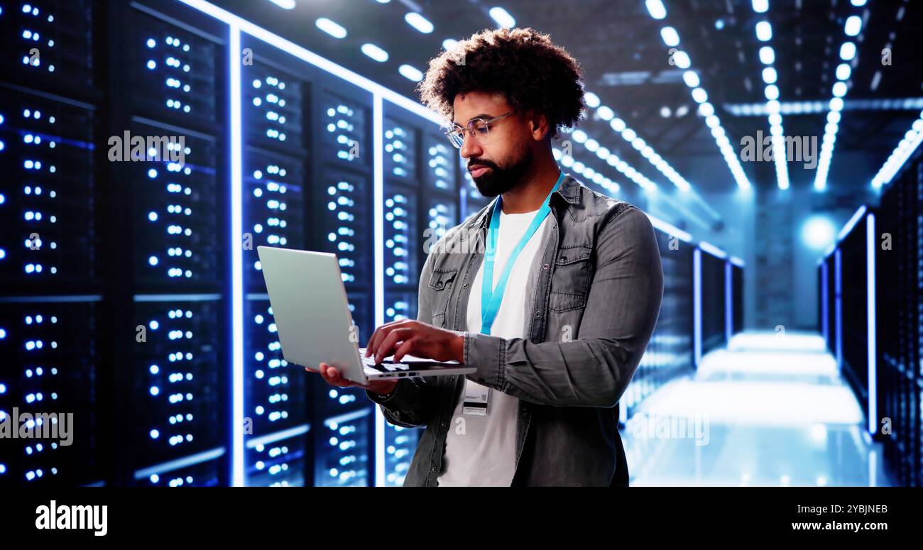 Server Room In Data Center. Cloud Computer Engineer Configuring AI Technology Stock Photo - Alamy