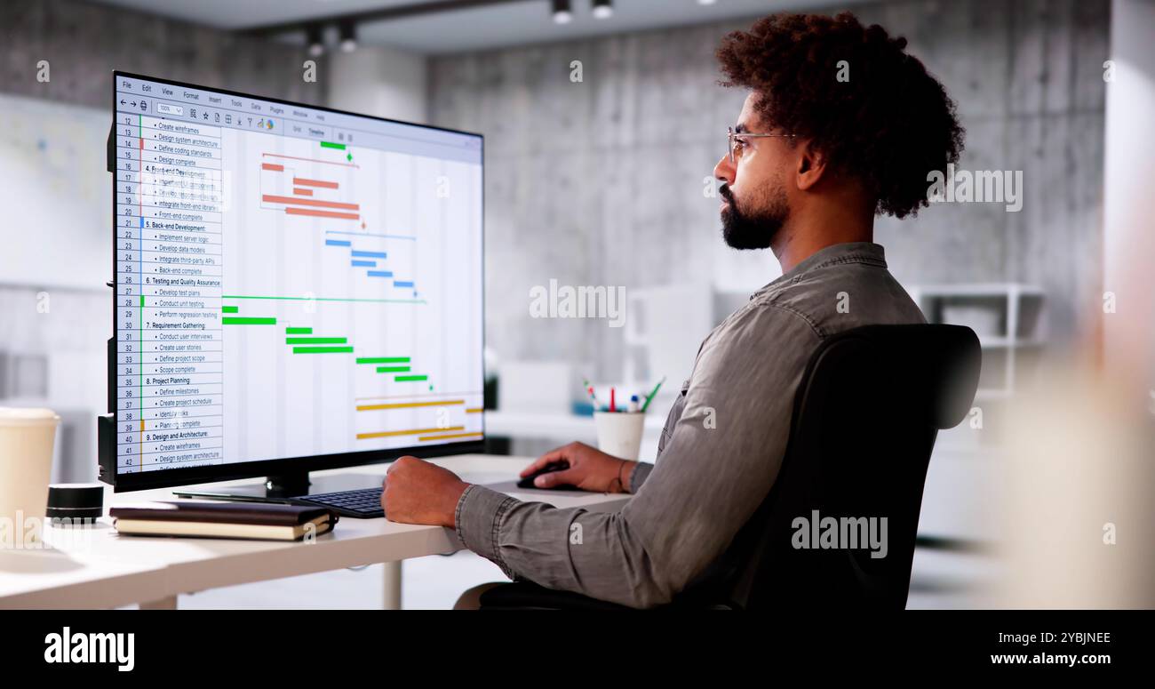 Tech Schedule List On Computer Screen. Gantt Calendar Stock Photo - Alamy