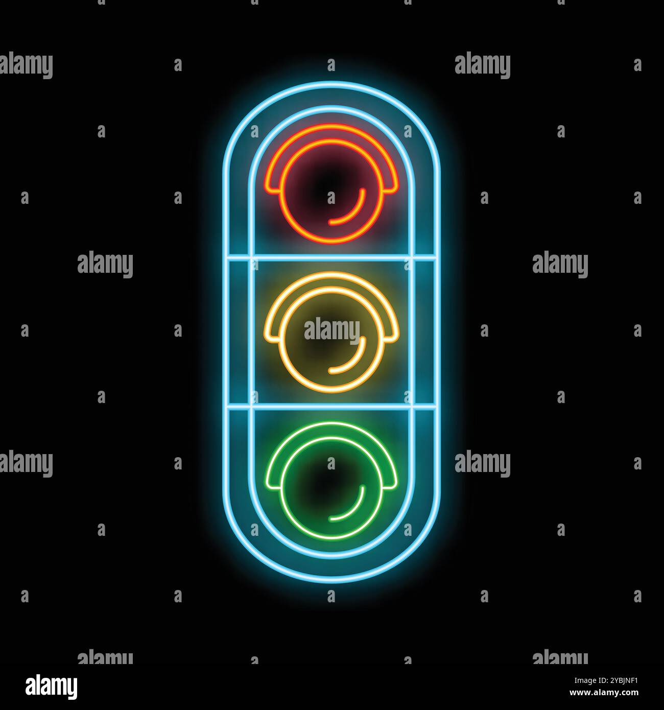 Glowing neon traffic light with red, yellow and green lights on a black ...