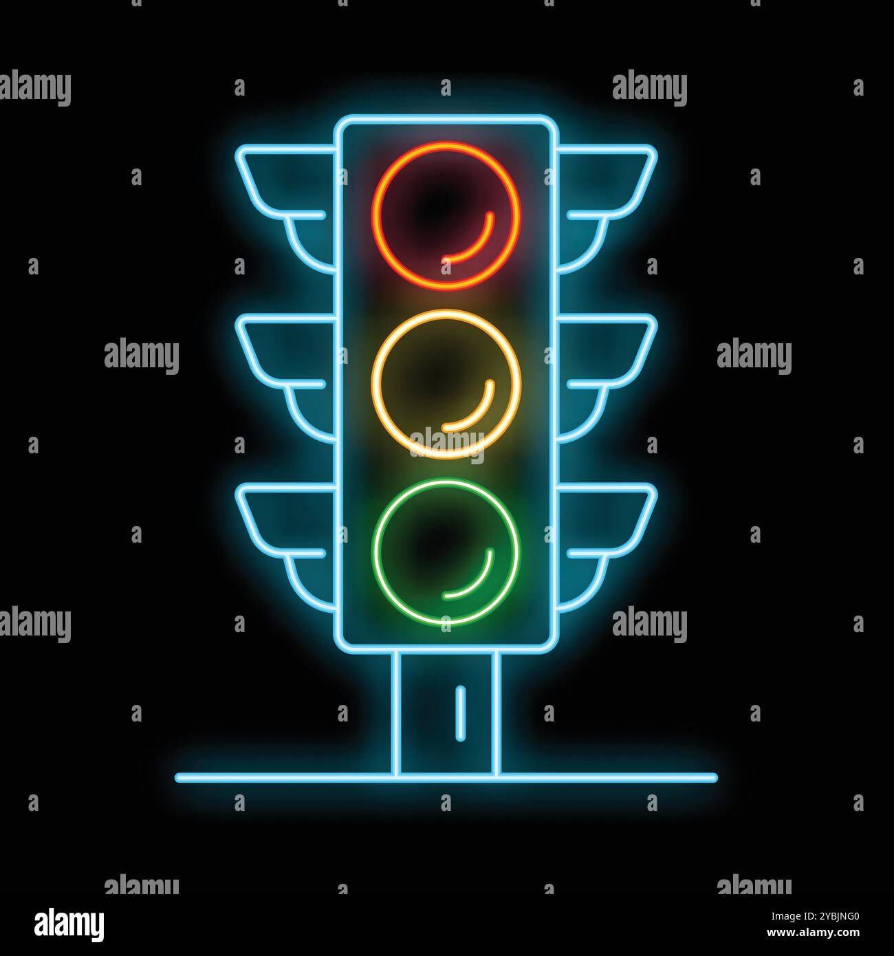 Neon traffic light is glowing red, yellow, and green on a dark ...