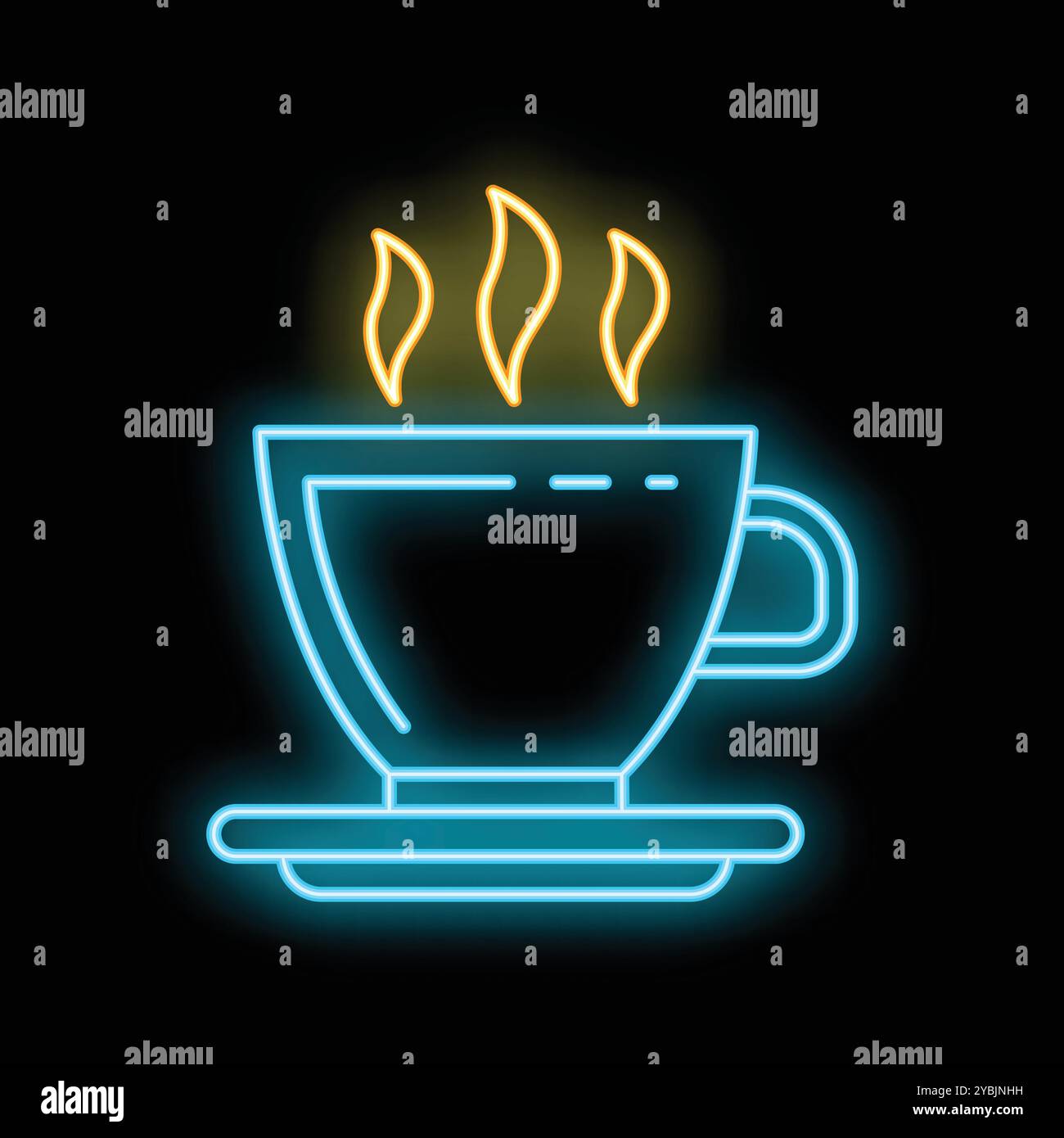 Blue and yellow neon sign depicting a steaming cup of coffee or tea on ...