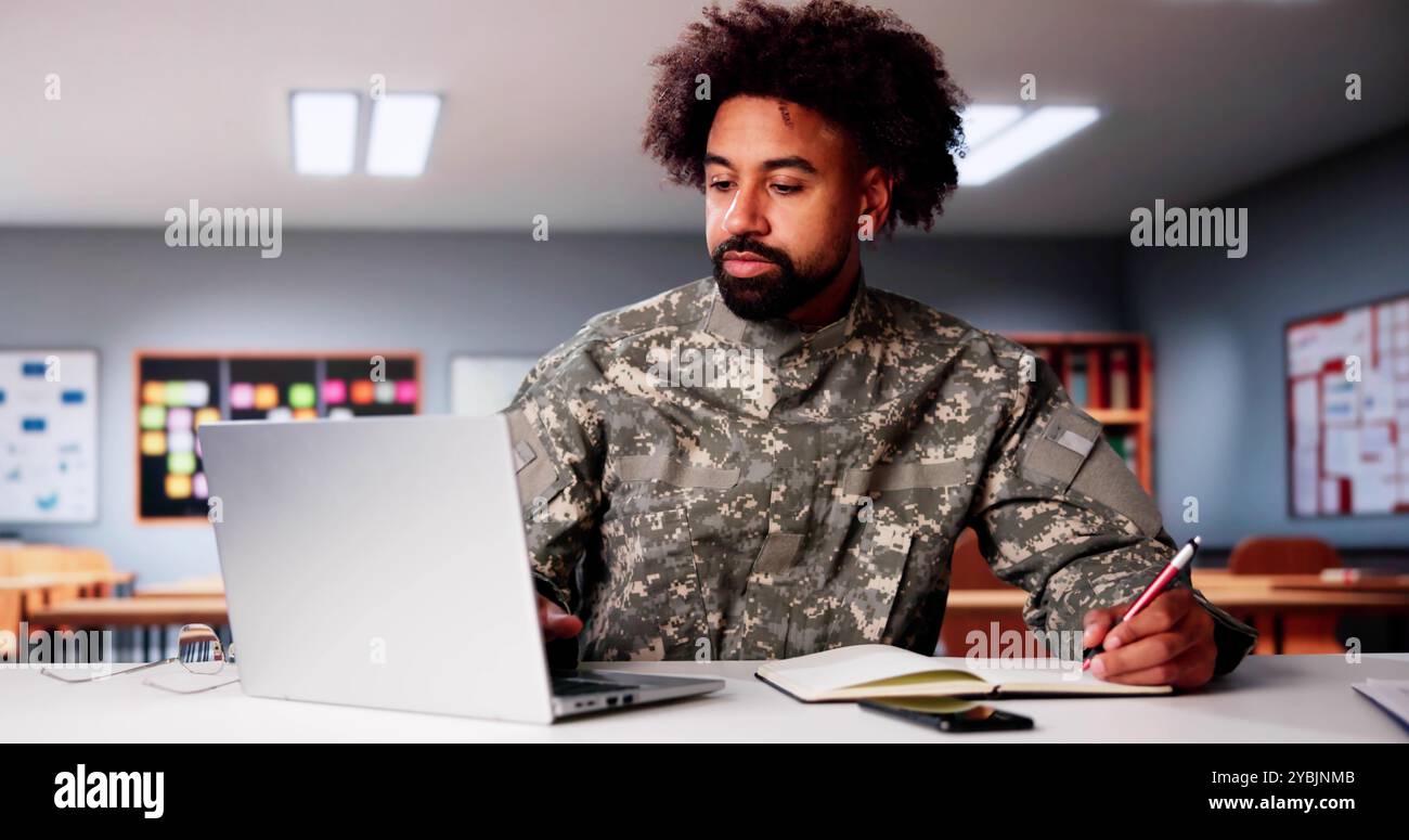 Military Student Education. Army Soldier Veteran With Computer Stock ...