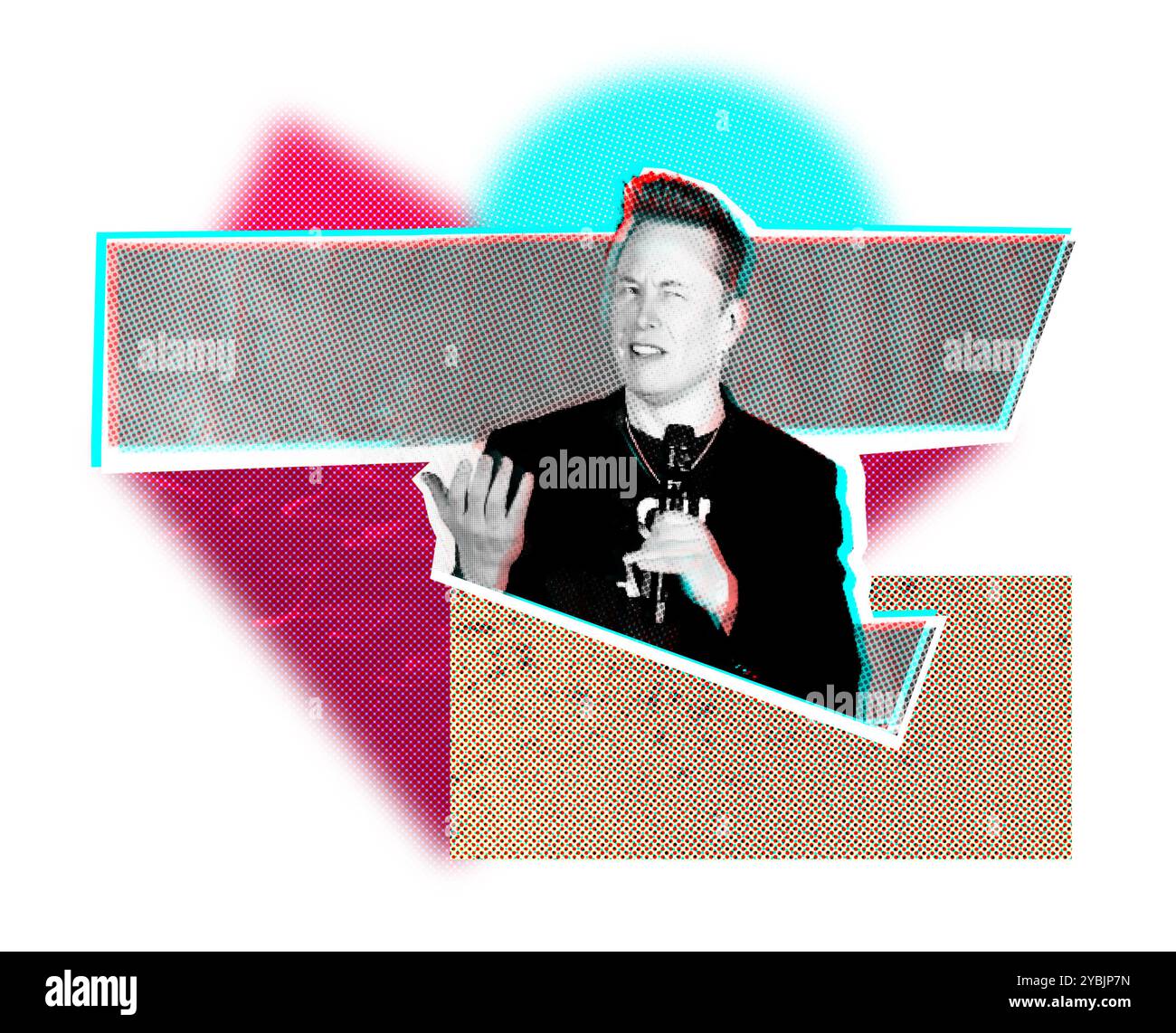 Portrait of Elon Musk with a microphone on a white background.. Used ...