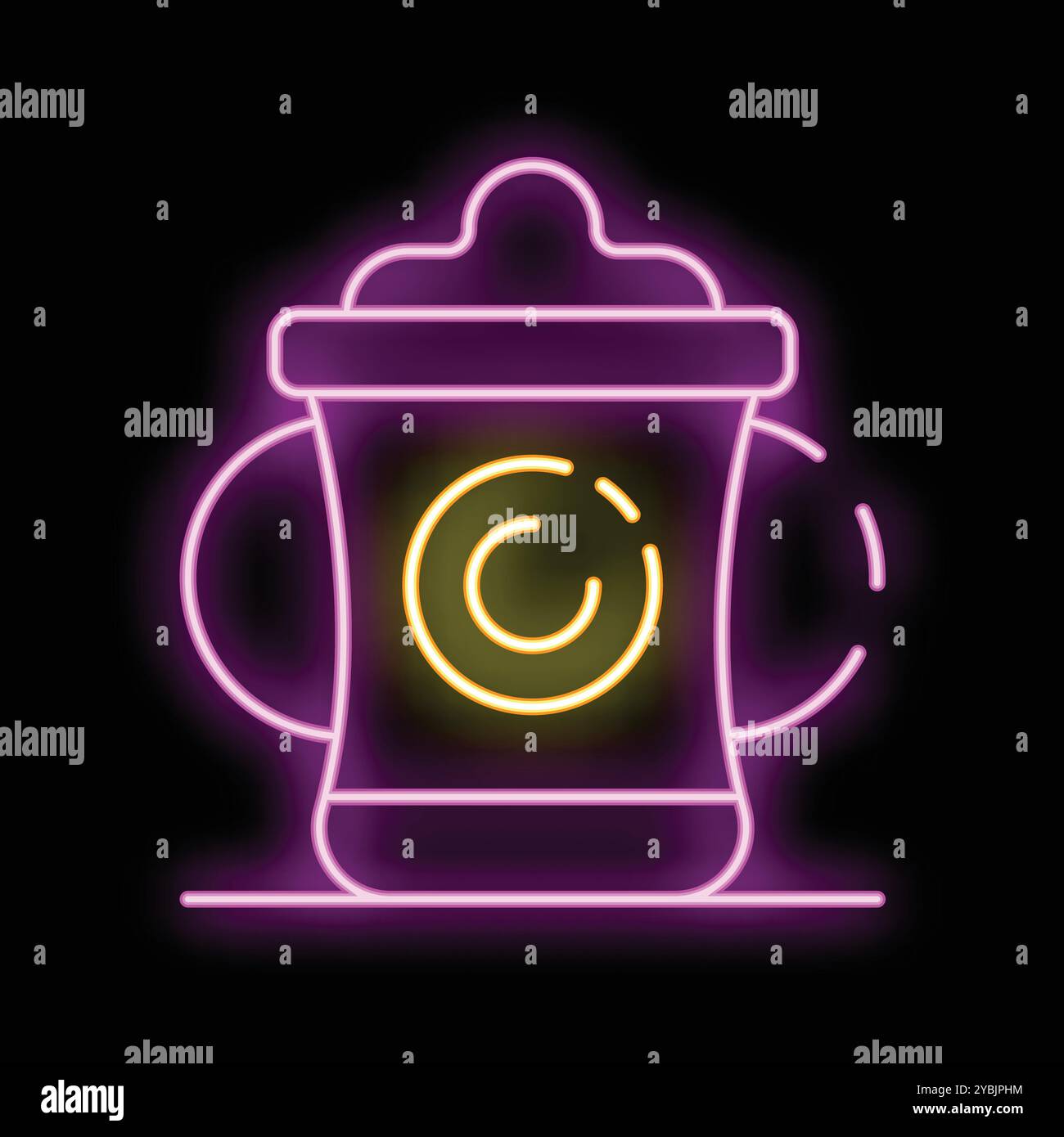 Neon sign showing a reusable coffee cup with a lid, glowing on a black ...