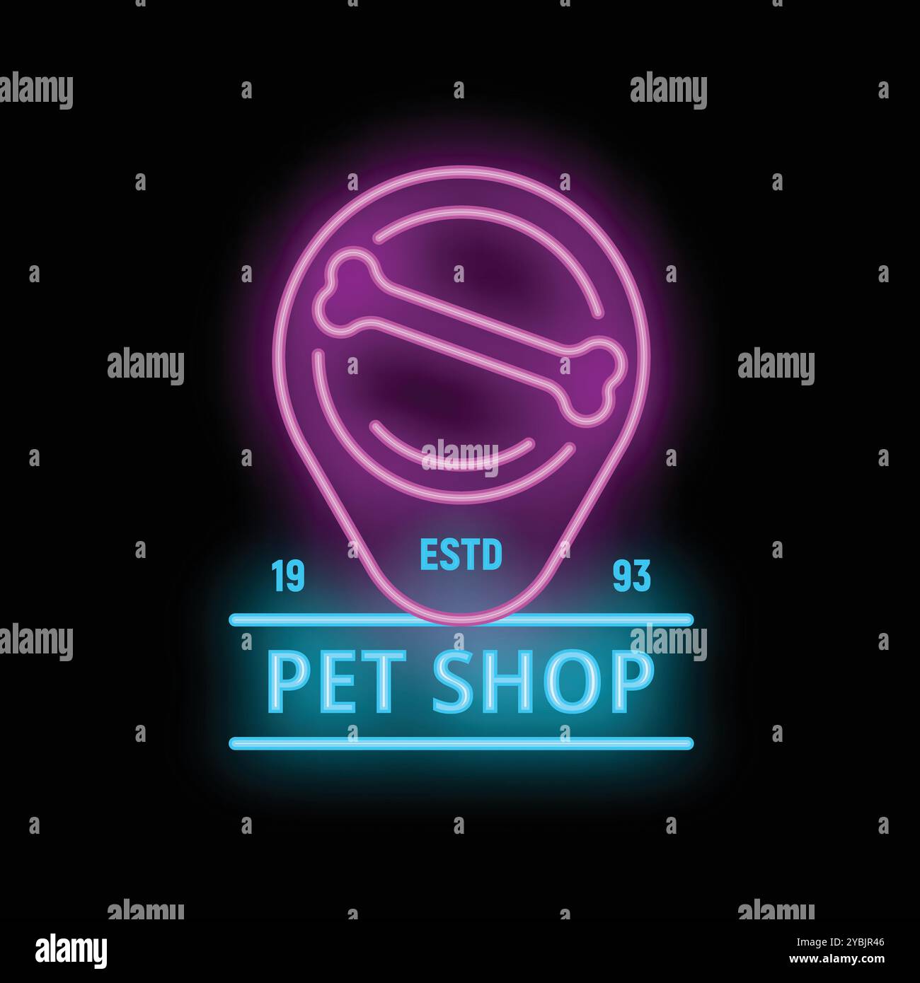 Neon sign representing a pet shop logo, with a dog bone inside a ...