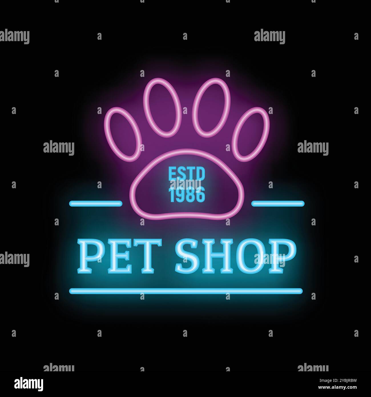 Vibrant neon sign announcing a pet shop, featuring a glowing paw print ...