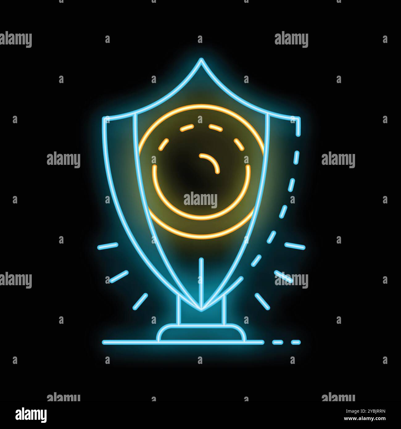 Neon glowing sign of a shield protecting a smiley face on a black ...