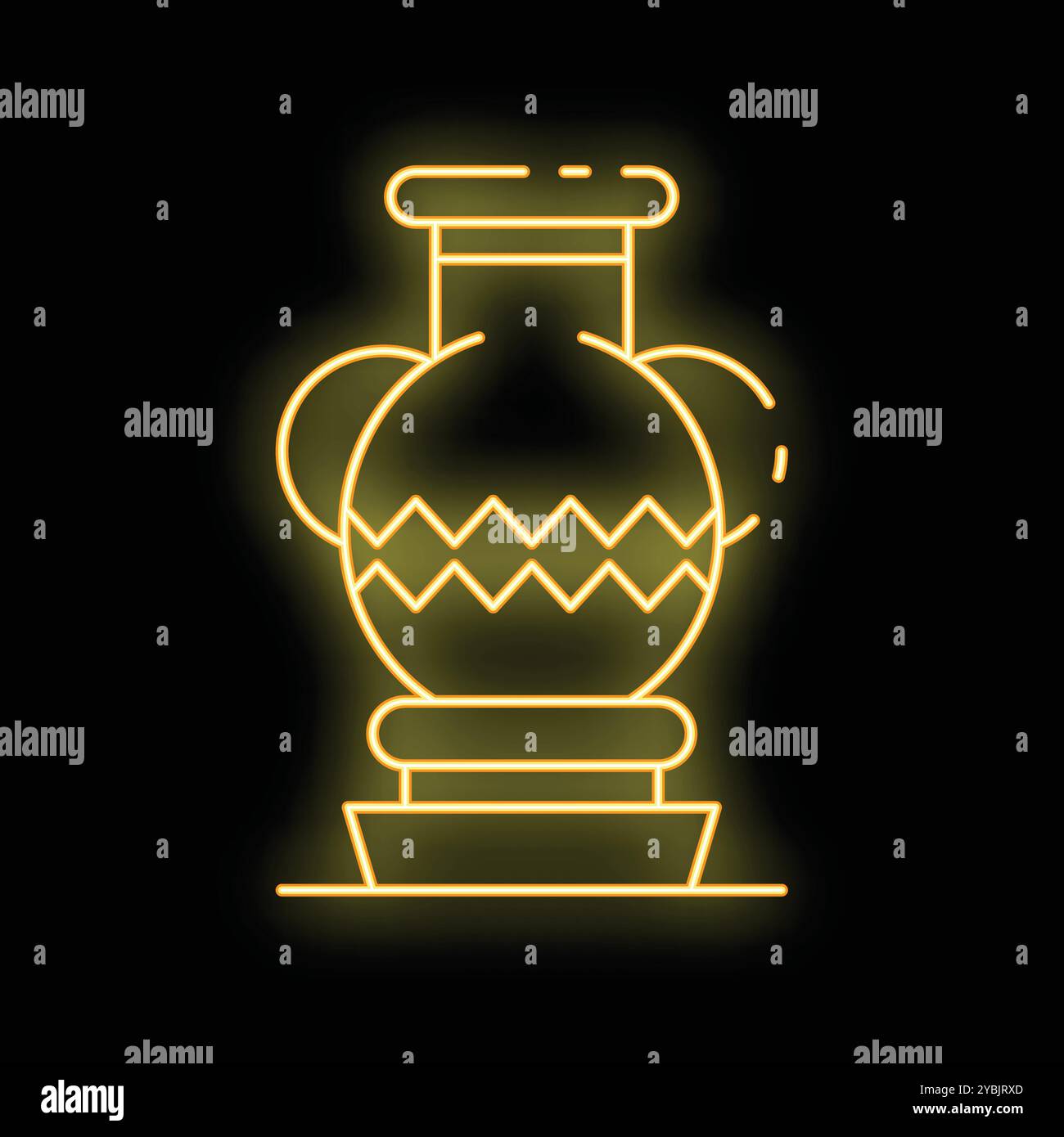 Yellow neon glowing symbol of ancient greek amphora on black background ...