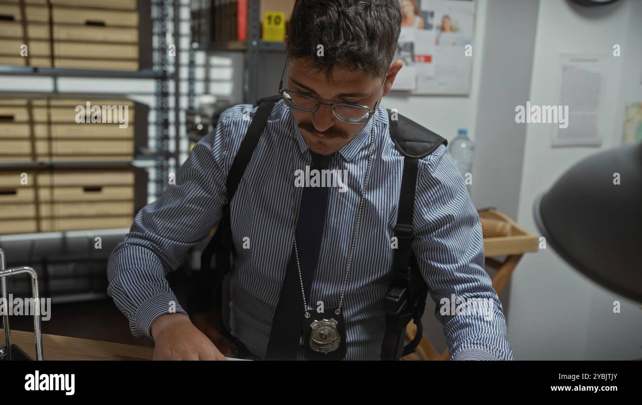 A focused hispanic man with a badge investigates files at a cluttered ...
