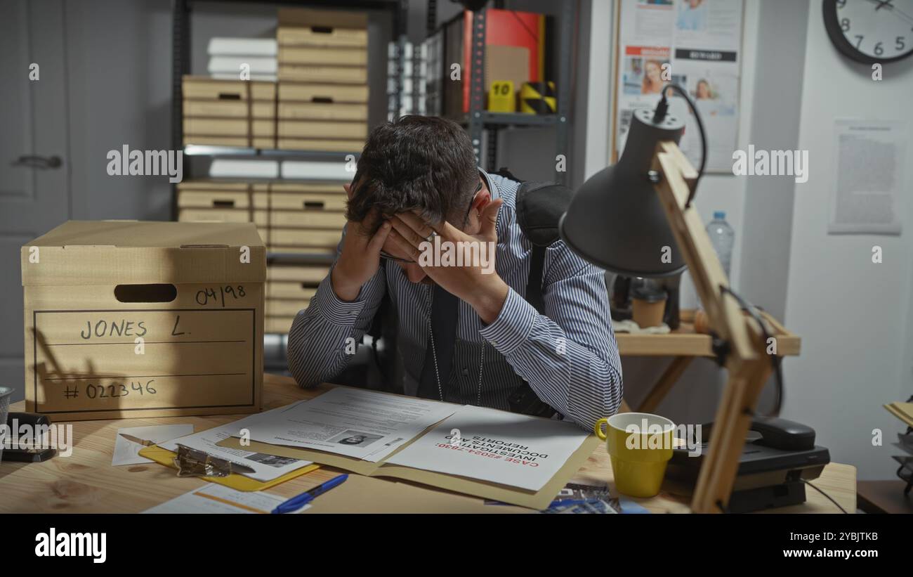 A stressed young man in an office with documents, illustrating work ...