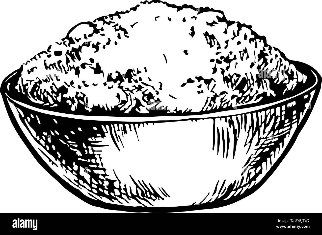 Porridge in a cup. Vector image of food. A black and white hand-drawn ...