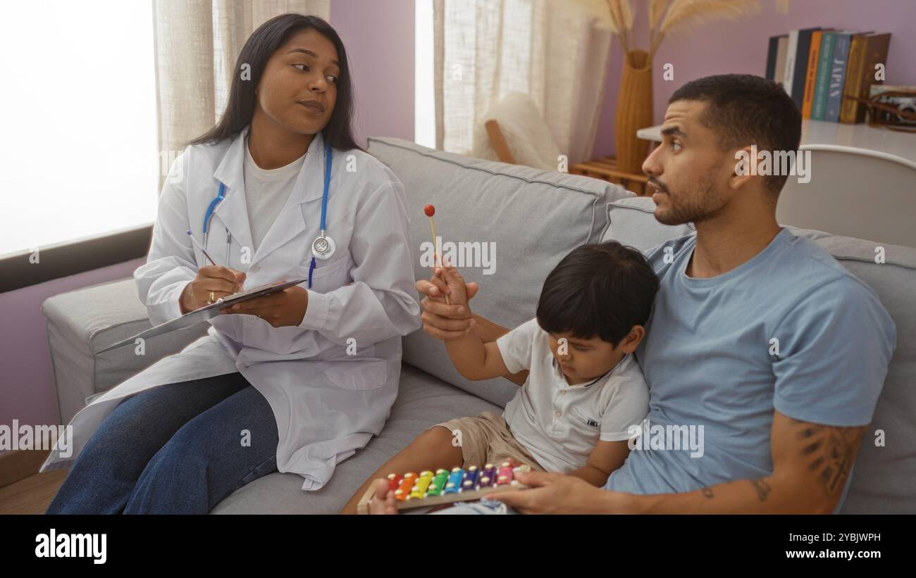 Doctor visiting family at home with man and child sitting on couch in ...