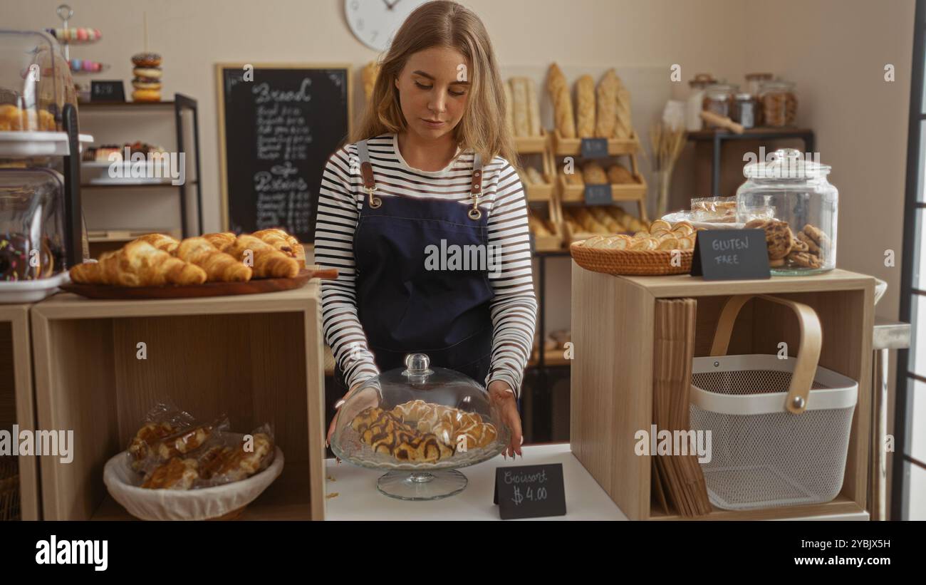 Young, attractive, blonde, woman working in a cozy bakery shop ...