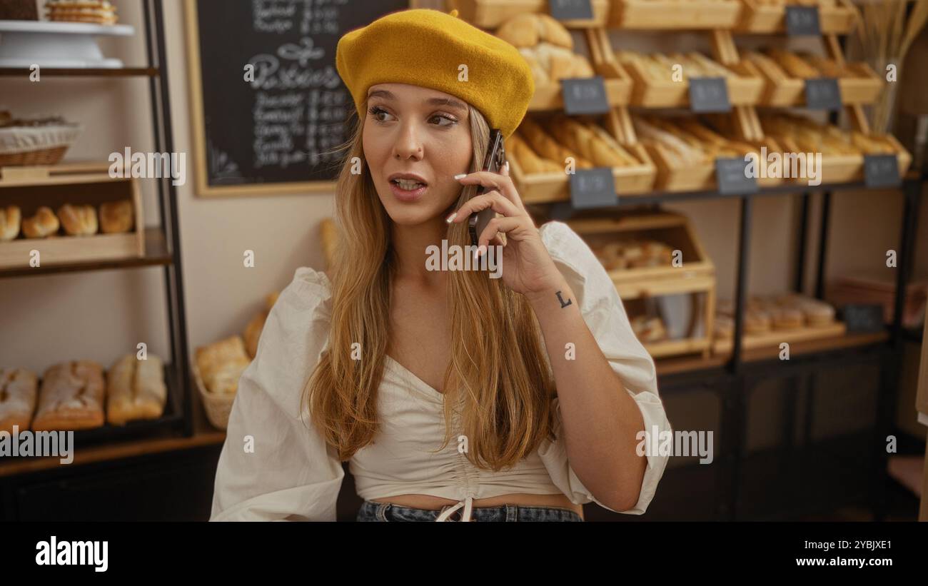 Woman talking on phone in bakery shop wearing yellow beret, surrounded ...