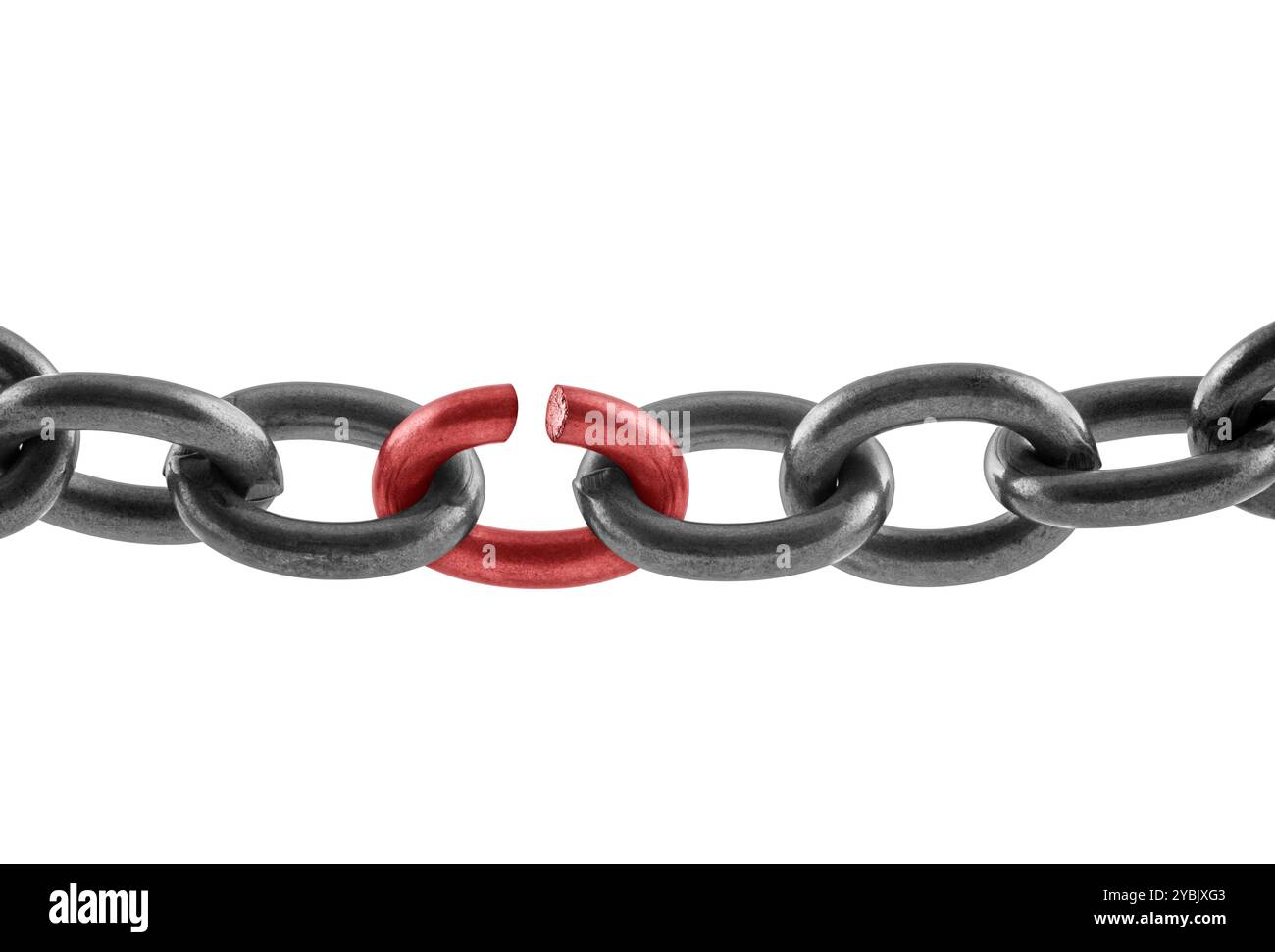 Metal chain with red broken link isolated on white background, concept ...