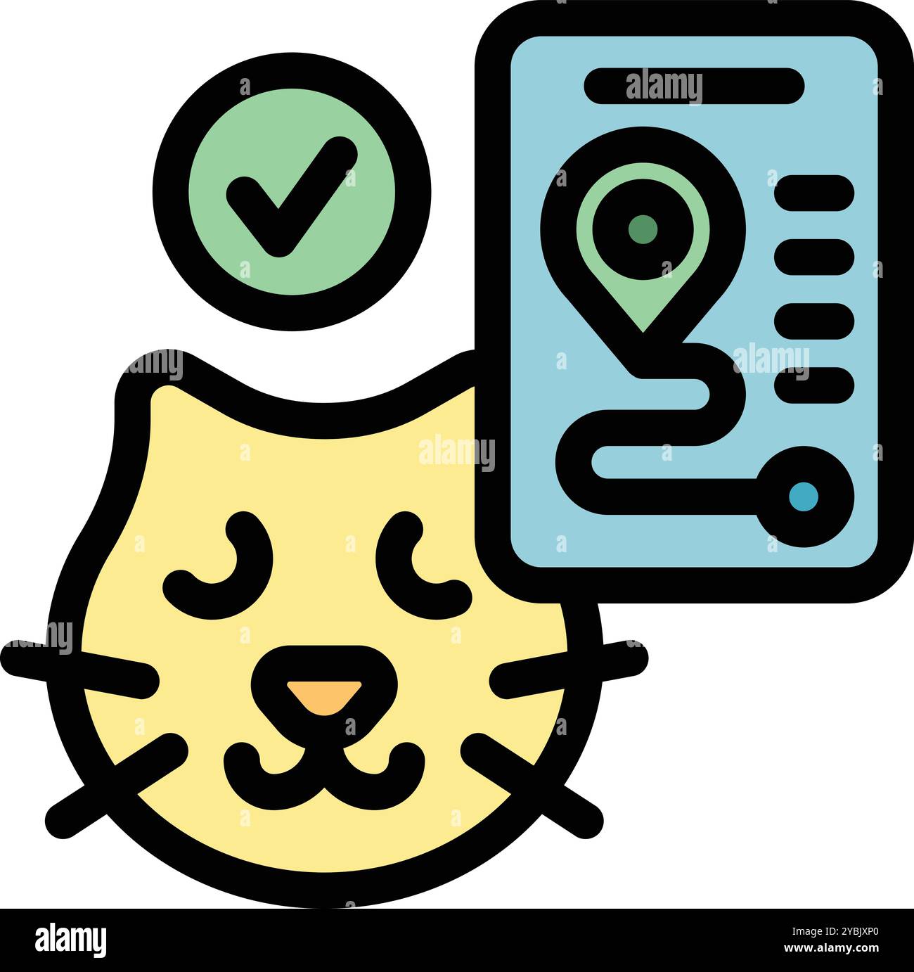 This vector illustration shows a cat tracking app on a phone screen ...